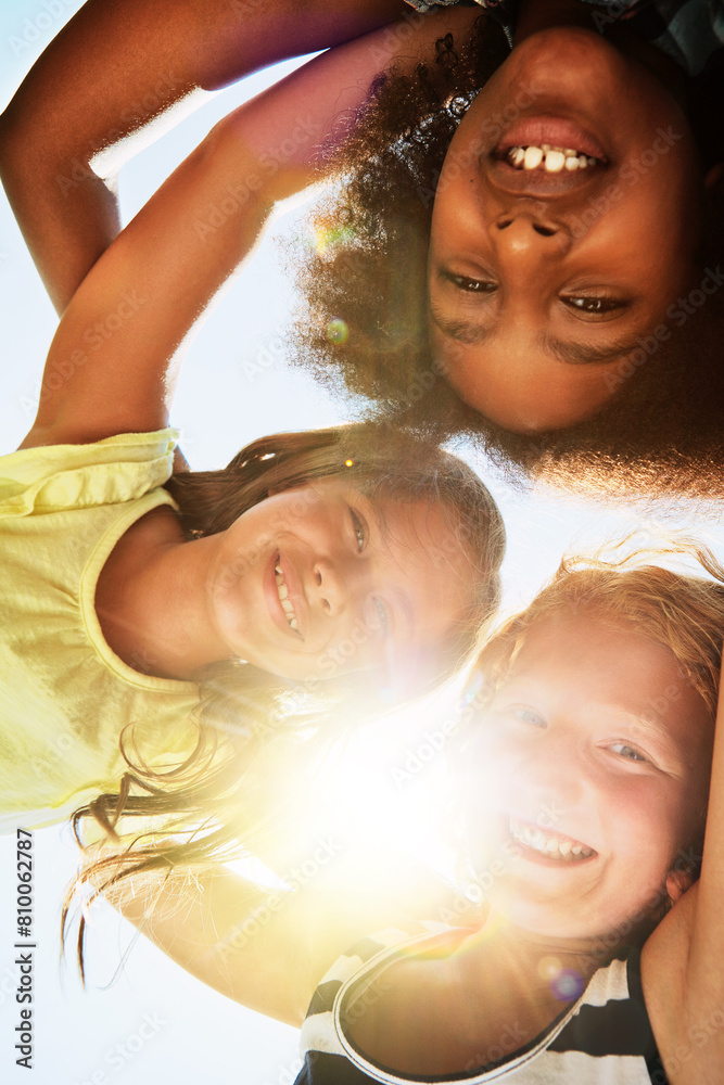 Happy, low angle and portrait of children with sunshine for friendship ...