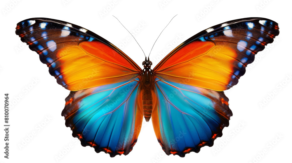 Blue orange butterfly with spread wings cut out on transparent ...