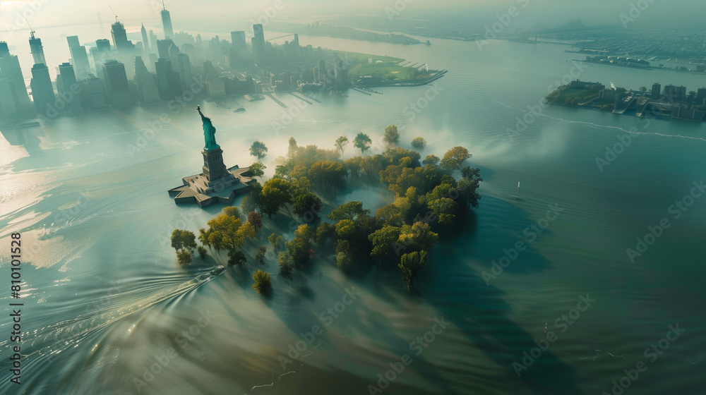 Statue of Liberty and New York City skyline from above with large areas ...