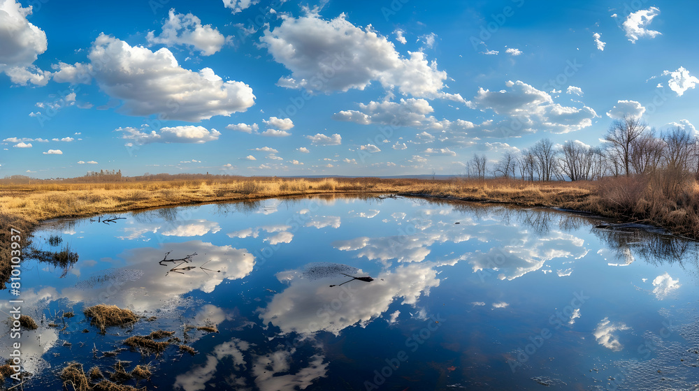 The mirrored surface of a vernal pool reflecting the vivid blue sky and ...