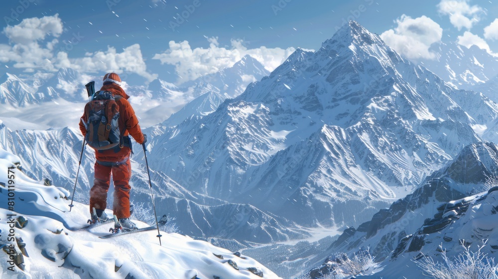 backcountry skier pausing to admire the mountain view, with a focus on ...