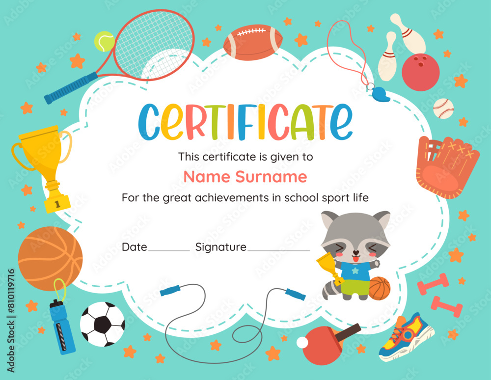 Fun sports certificate design template featuring kawaii cartoon ...