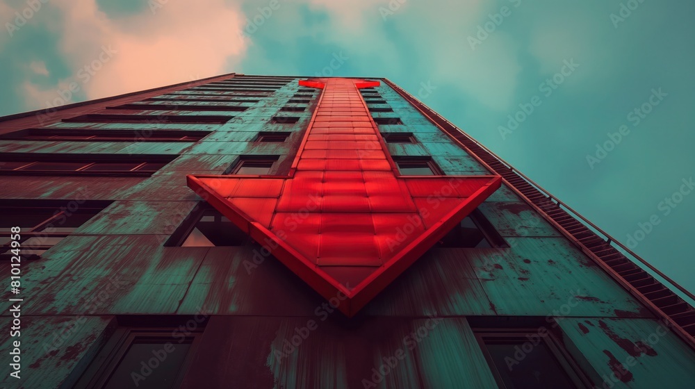 Big red arrow on the building facade pointing downwards, low angle view ...