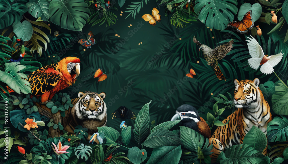 This image features a vibrant jungle scene with tigers, a parrot ...
