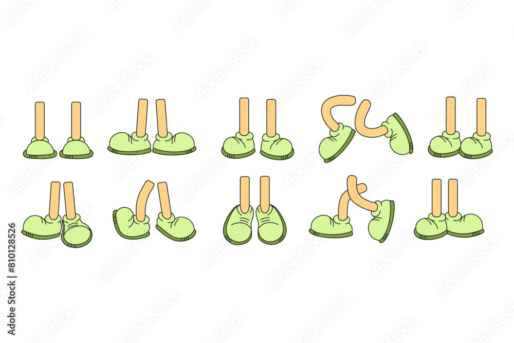 Cartoon legs in shoes. leg standing, walking, running, jumping. Comic ...