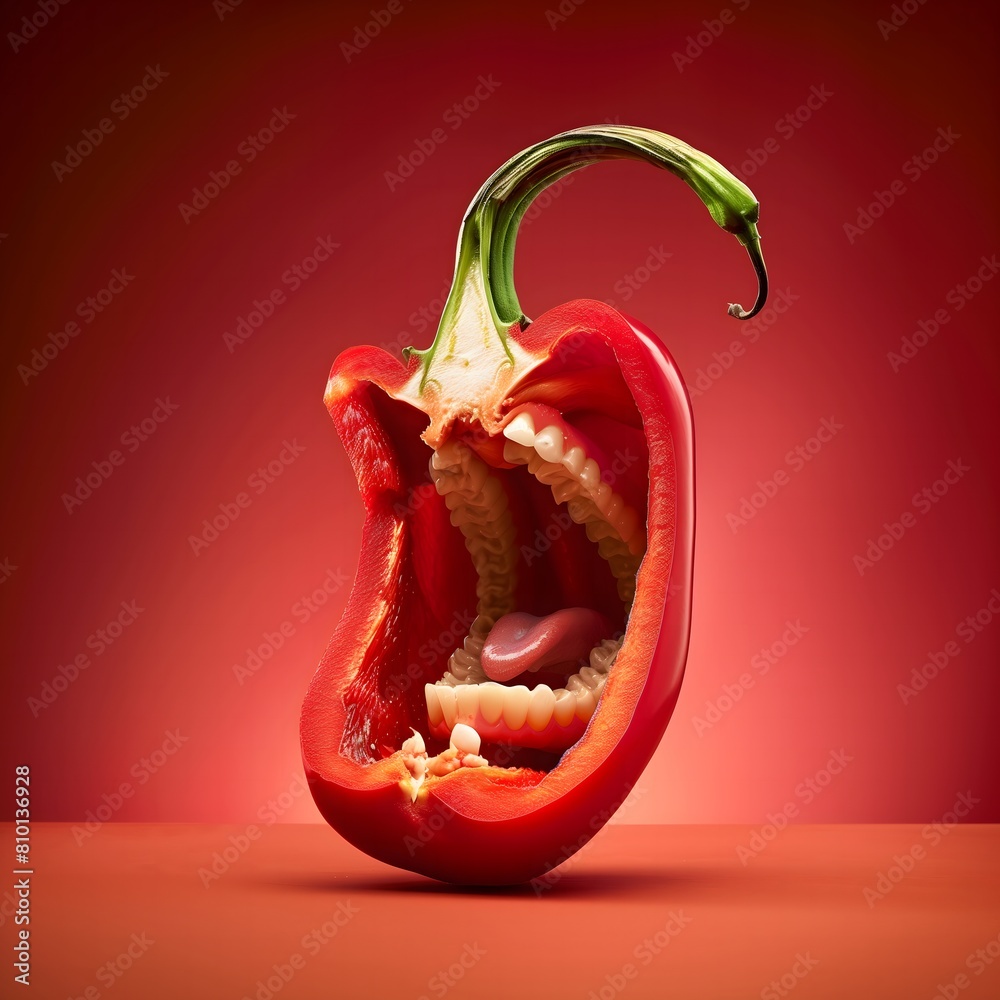 A red bell pepper with a screaming face with its tongue and teeth ...