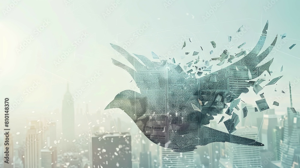 Paper eagle disintegrating over urban skyline - A conceptual image of ...