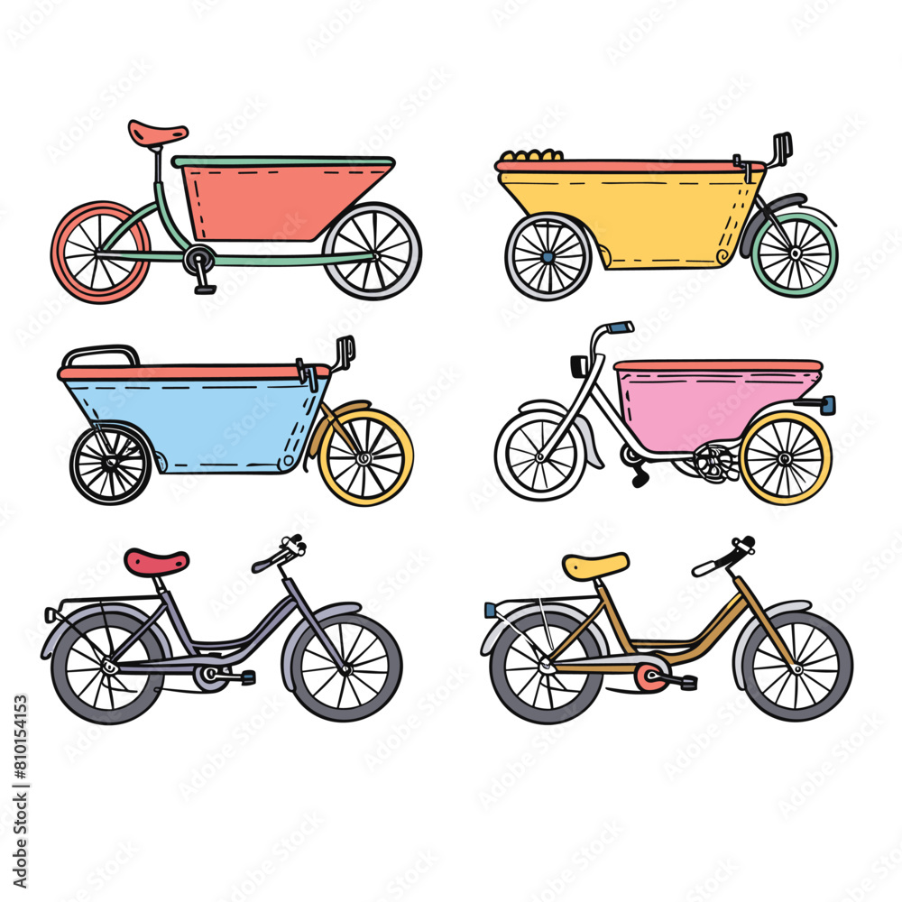 Four colorful cargo bicycles illustration isolated white background ...
