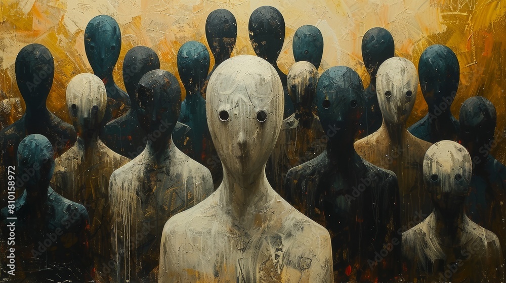Artistic representation of faceless humanoid figures with one prominent ...