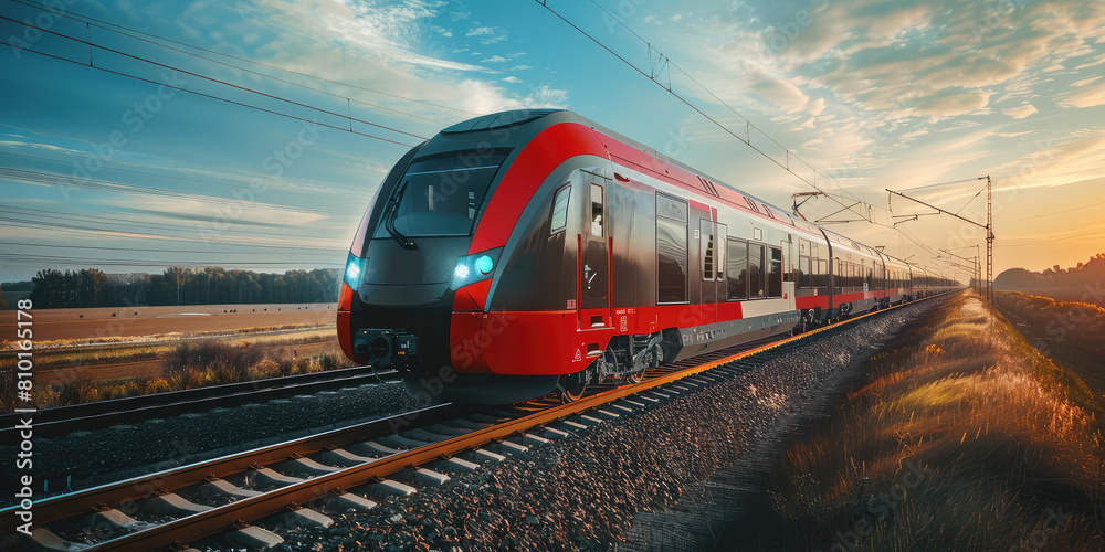 Closeup modern train in a scenic landscape, copy space. Detail of a ...