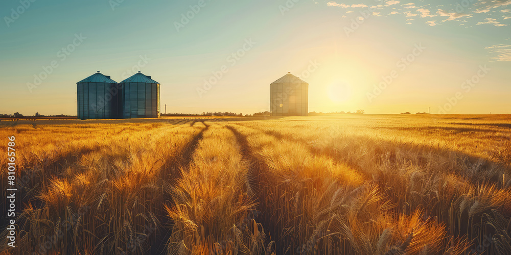 Silos in a wheat field. Metal containers for storing harvested wheat or ...