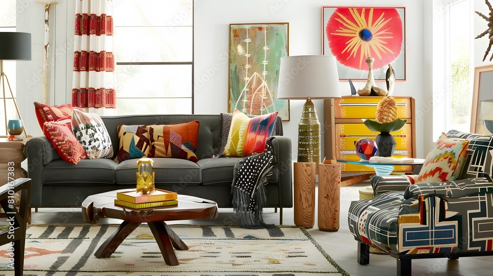 eclectic living room with mix-and-match furniture, vibrant colors, and ...