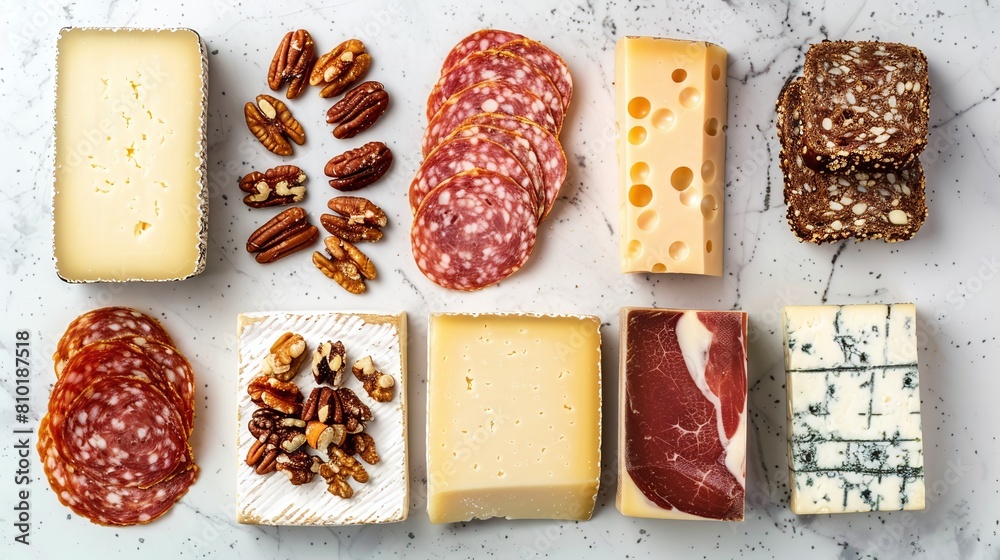 Assorted cheeses and cured meats with pecan nuts on a textured surface ...