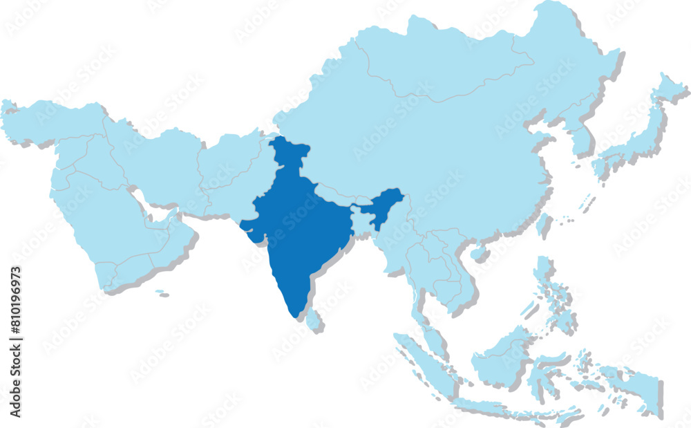 Highlighted blue map of INDIA inside light blue 3D blank political map ...