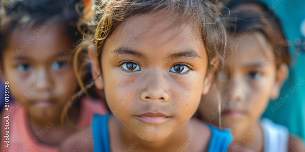 Sad and serious children of multicultural origin look sadly into the ...