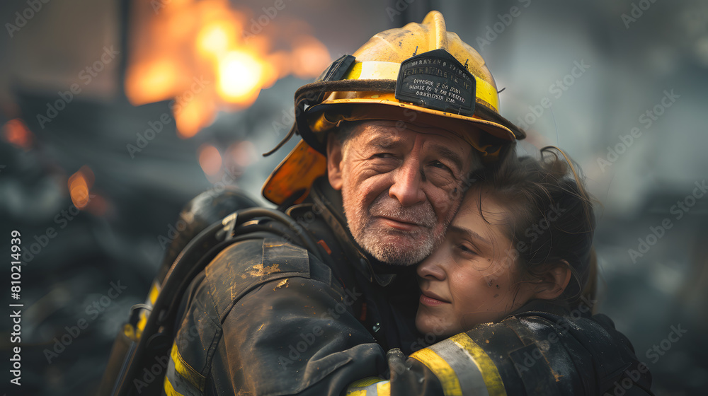 Firefighter comforting woman with soot-covered face in a close-up ...