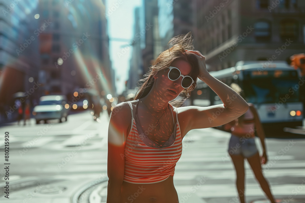 Young woman suffering from extremely high temperature, heat stroke and ...