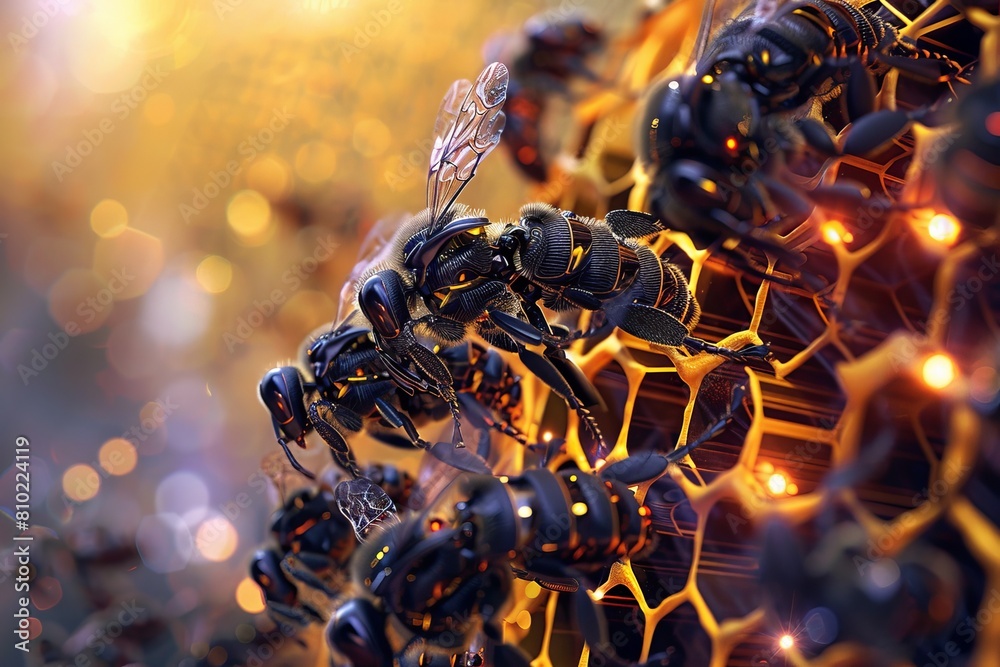 Hyper-realistic digital art concept: mechanical bees and golden ...