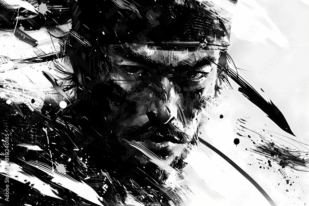 "Monochrome Samurai Warrior in Dynamic Brushstroke Style" "Ink Brush ...