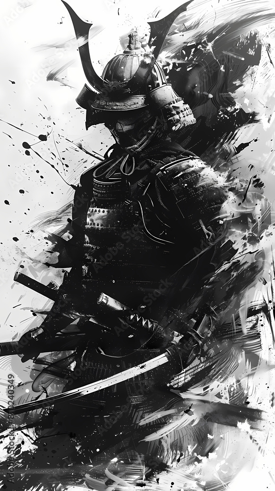"Monochrome Samurai Warrior in Dynamic Brushstroke Style" "Ink Brush ...