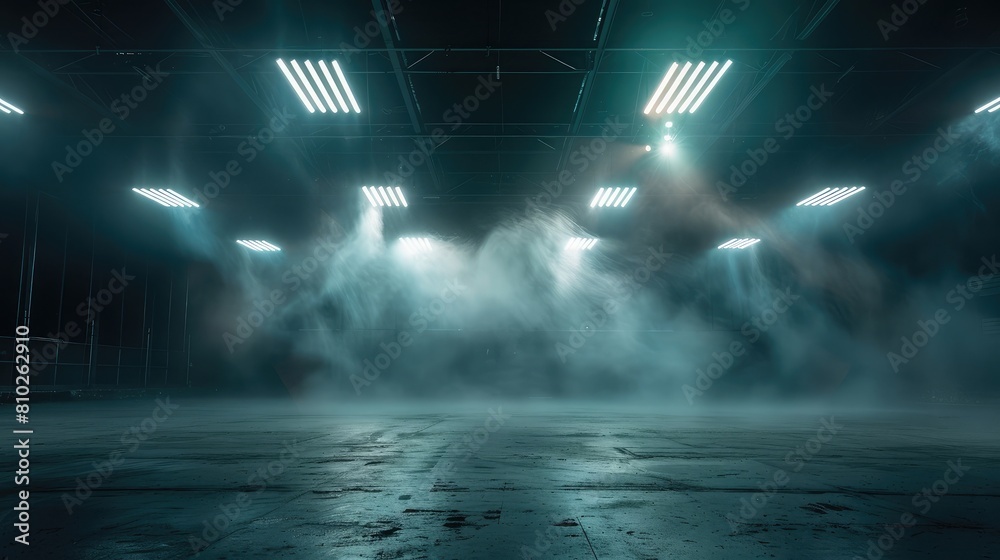 Bright stadium arena lights, Smoke bombs, empty dark scene, neon light ...