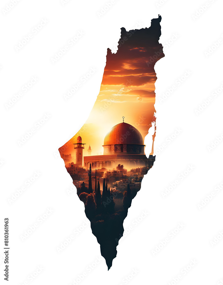 Illustration Stock Silhouette of a Palestine map with a sunset in the ...
