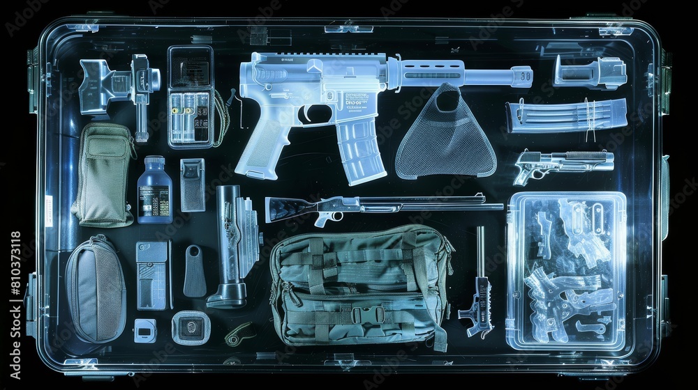 Airport security scanner image showing an X-ray view of a carry-on bag ...