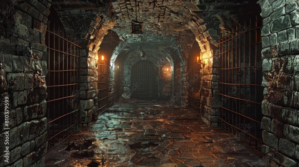 High-detail 3D illustration of a medieval dungeon with carved stone ...