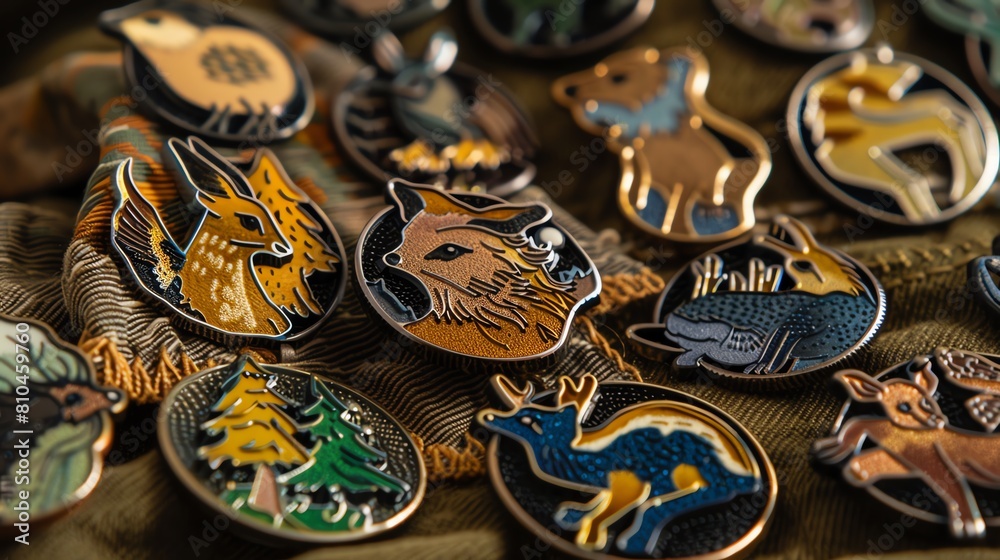 A whimsical collection of enamel pins, each depicting different forest ...