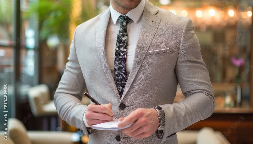 Visualize a male leader in a polished light grey suit, torso exposed ...
