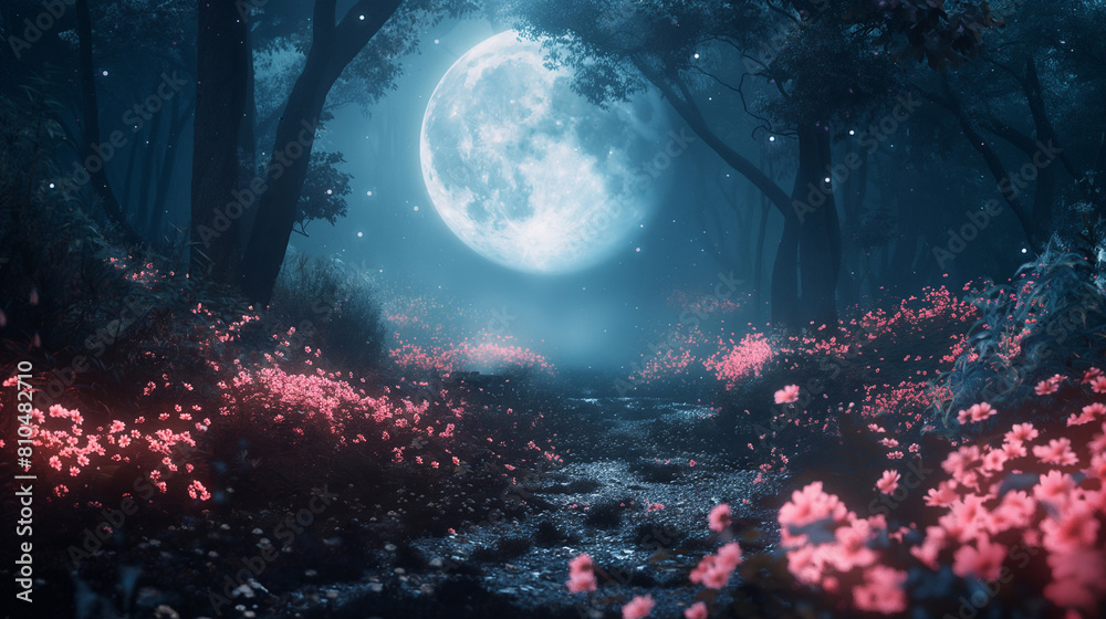 A dark enchanted forest under a full moon, with shimmering paths and ...