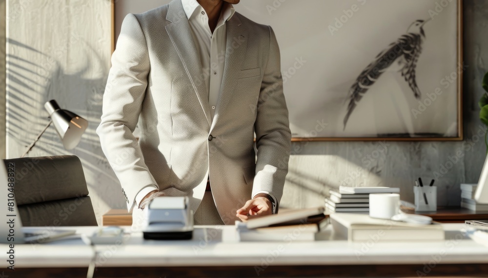 Render a male CEO, dressed in a stylish light grey suit, torso visible ...
