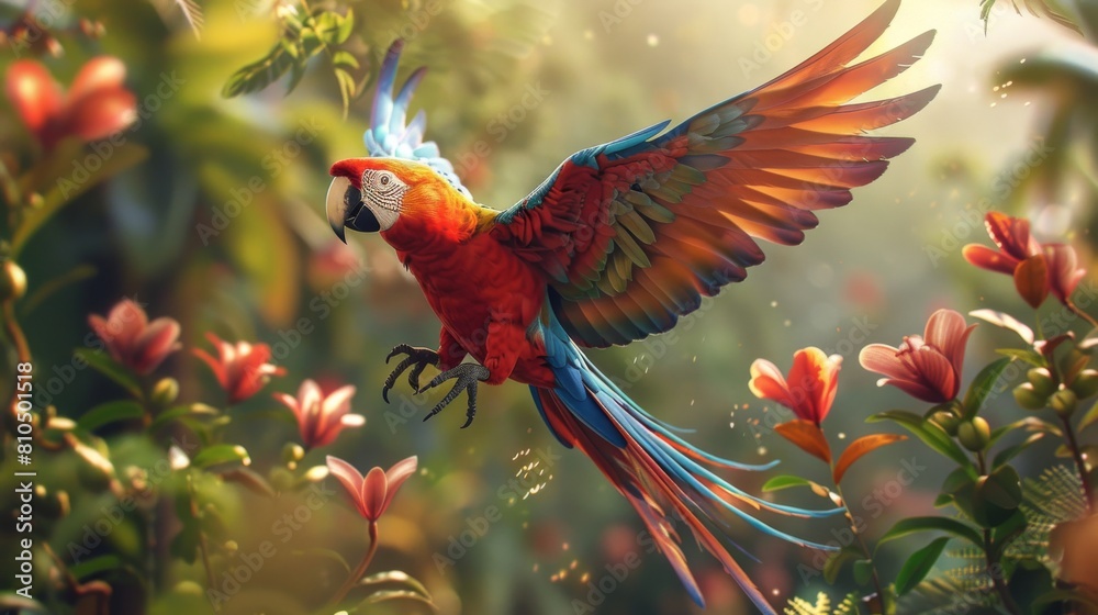 Vibrant Scene of a Colorful Parrot Flying Through the Jungle ...
