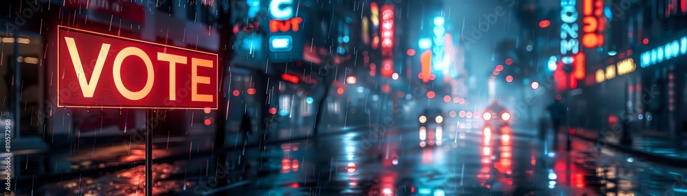 Vivid 3D Vote 2024 sign in glowing red and blue, set against a dark ...