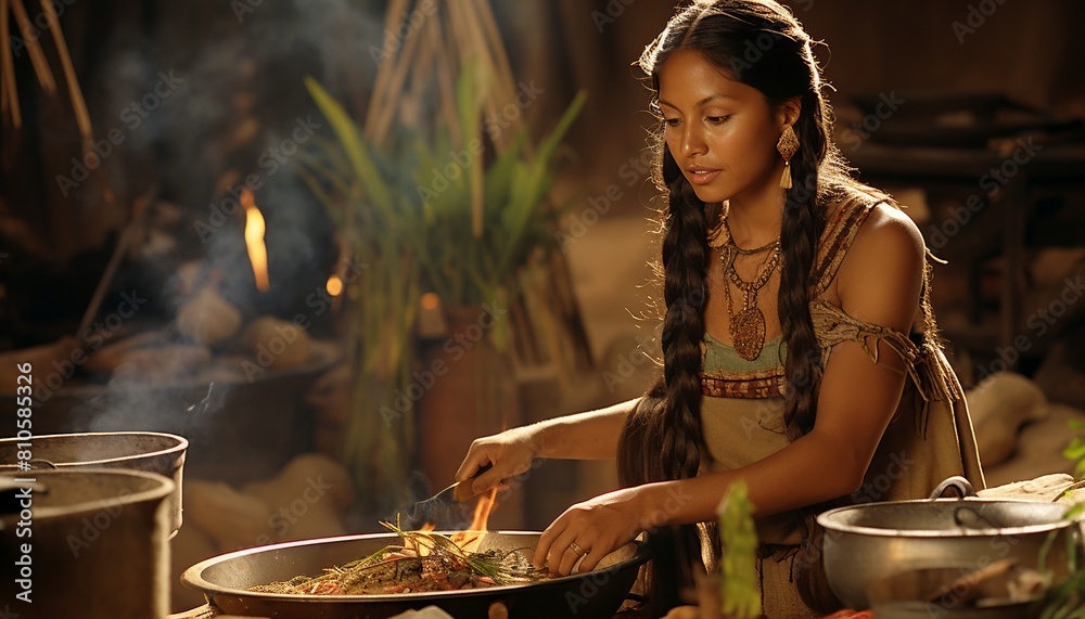 Ilustração beautiful mayan woman cooking, prehispanic indoors, pre ...