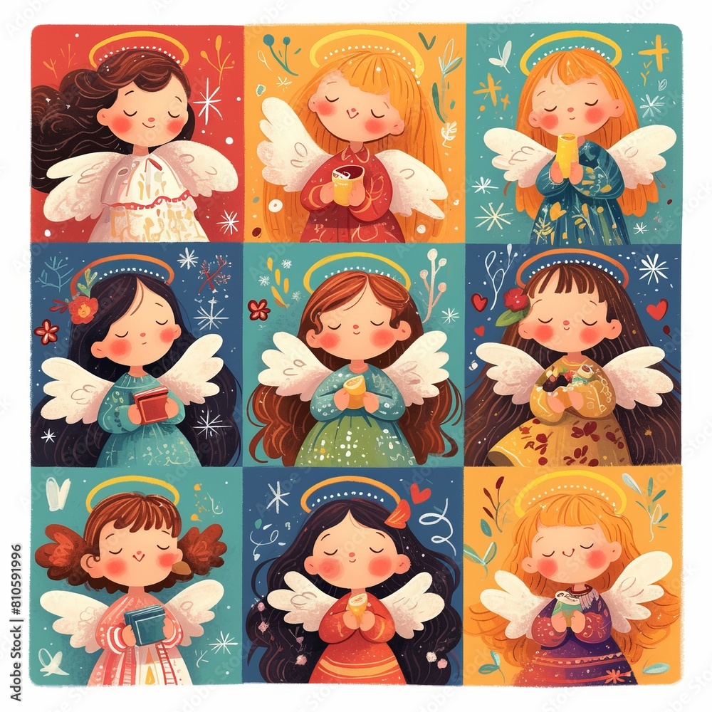 Gypsy cards depicting cute angels flat design top view spiritual ...