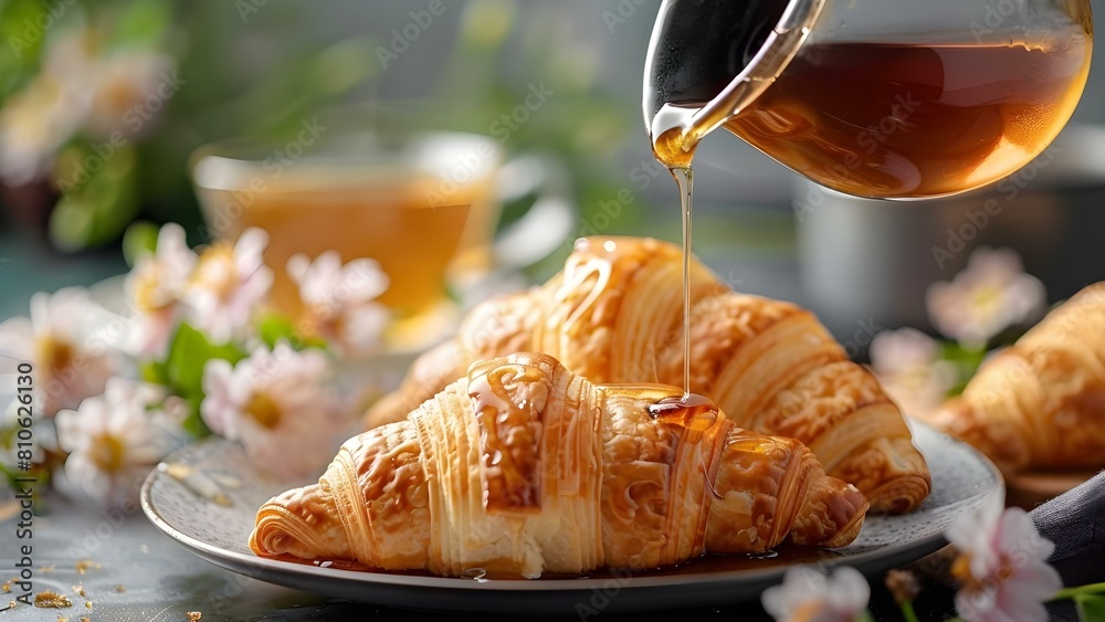 Photo Stock Maple Syrup Drizzling Over a Croffle (Croissant Waffle ...