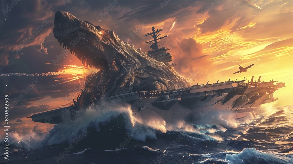 A colossal deep-sea monster attacking an aircraft carrier from beneath ...