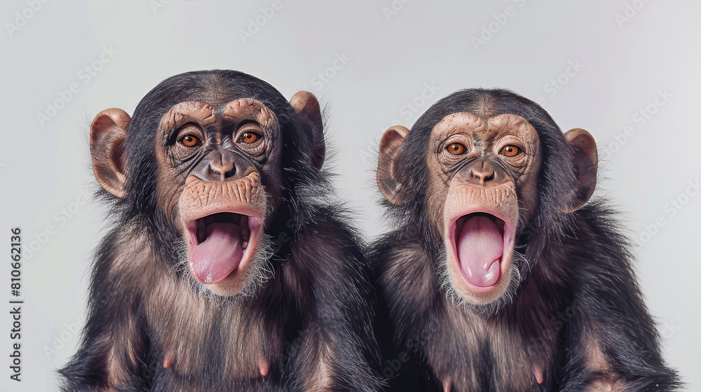 Humorous image of two chimpanzees with open mouths in a yawning pose ...
