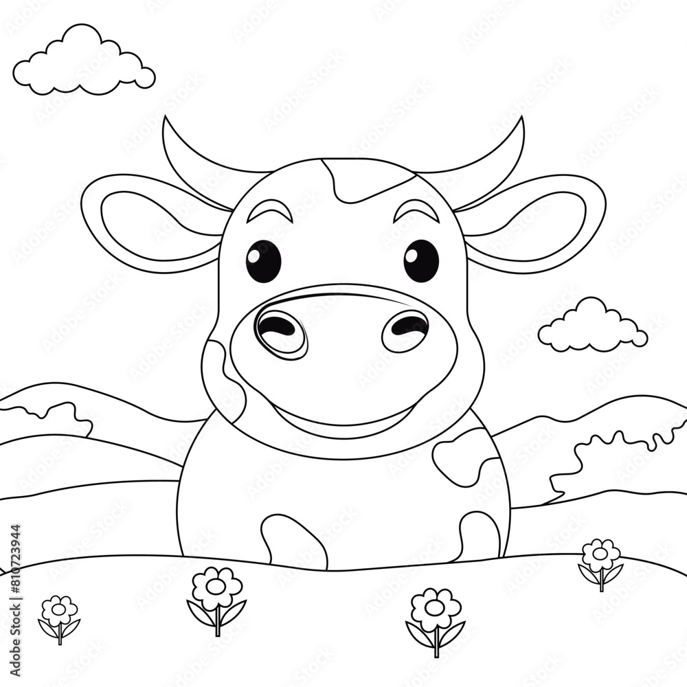 Vector outline drawing, coloring page of cute spotted cow on the lawn ...
