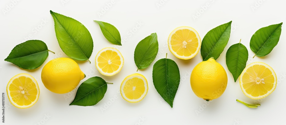 A lemon complete with leaves and slices is shown isolated on a white ...