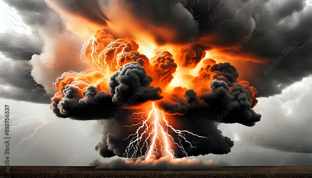 Terrible disastrous black storm clouds with lightnings and smoke ...