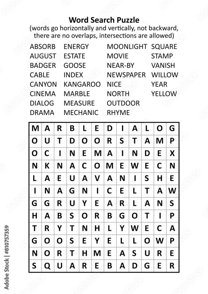 Word search puzzle (general knowledge, family friendly, words ABSORB ...