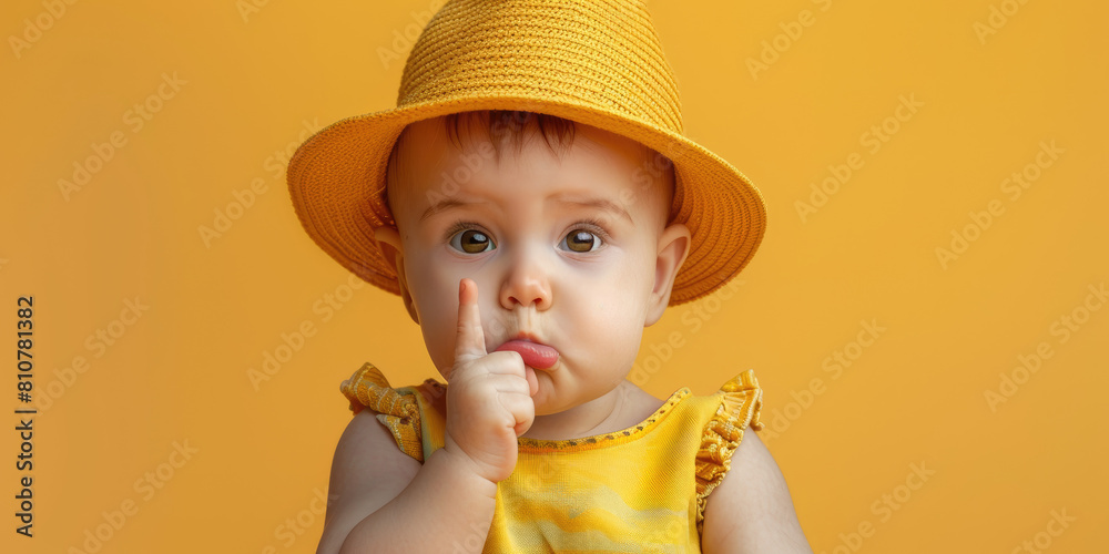 Cute baby with yellow beanie shushing, isolated on a solid color ...