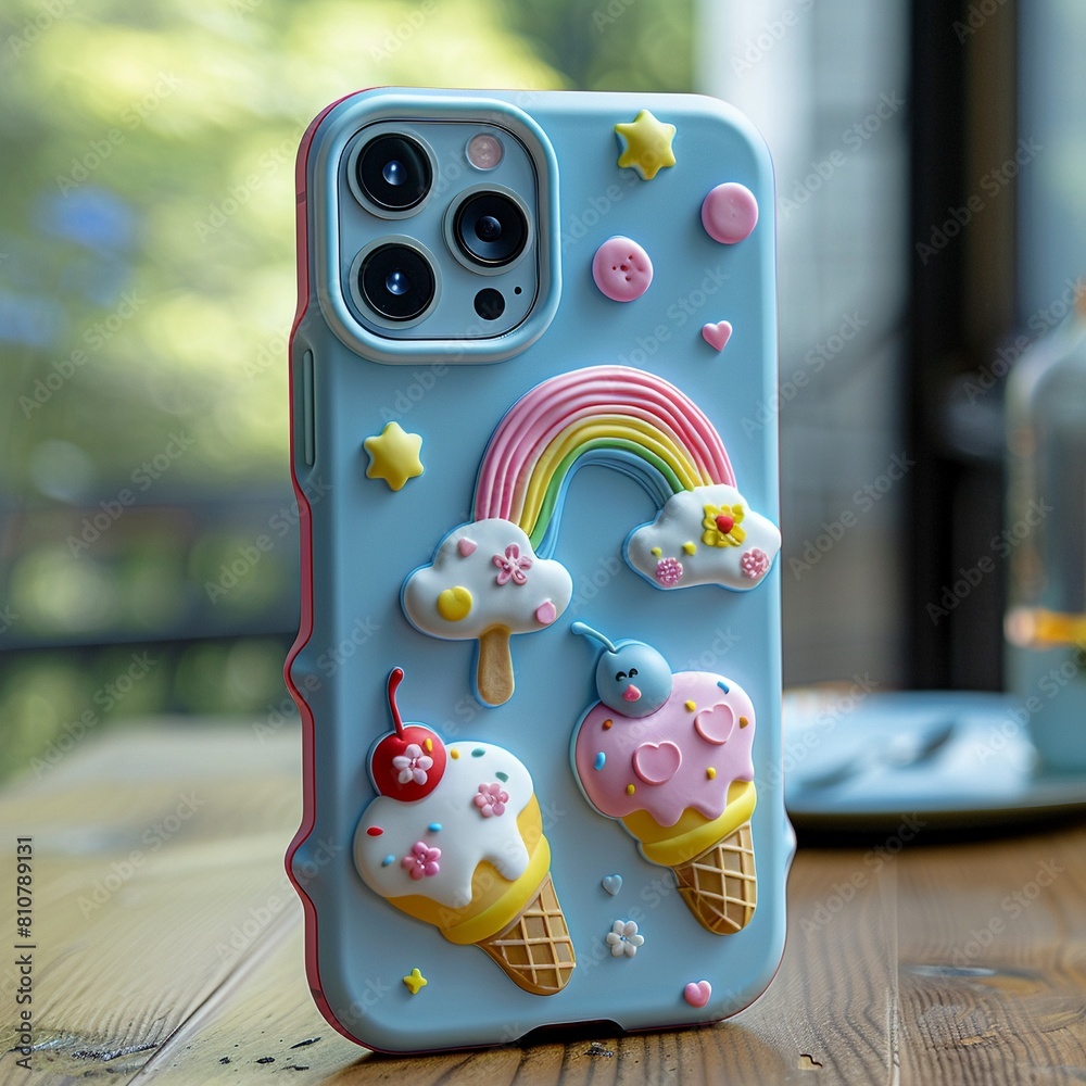 A cream glue iPhone15Pro mobile phone case, decorated with ice cream ...