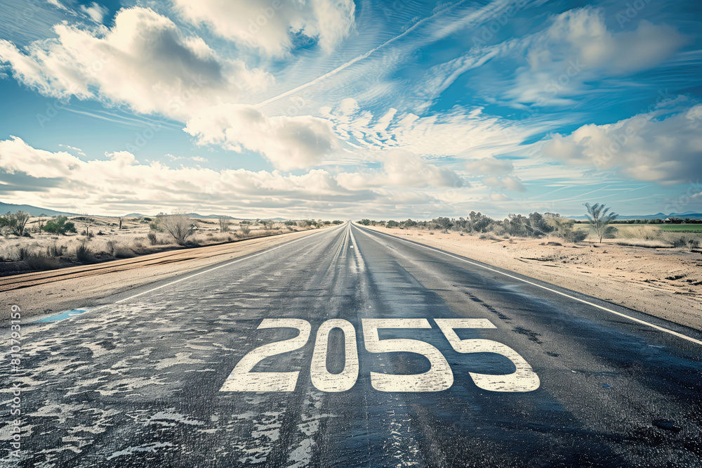 Happy New Year 2055. Numbers 2025 written on asphalt road. New Year ...