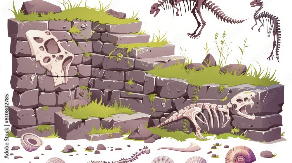 Several dinosaur fossils, buried snail shells, paleontology finds ...