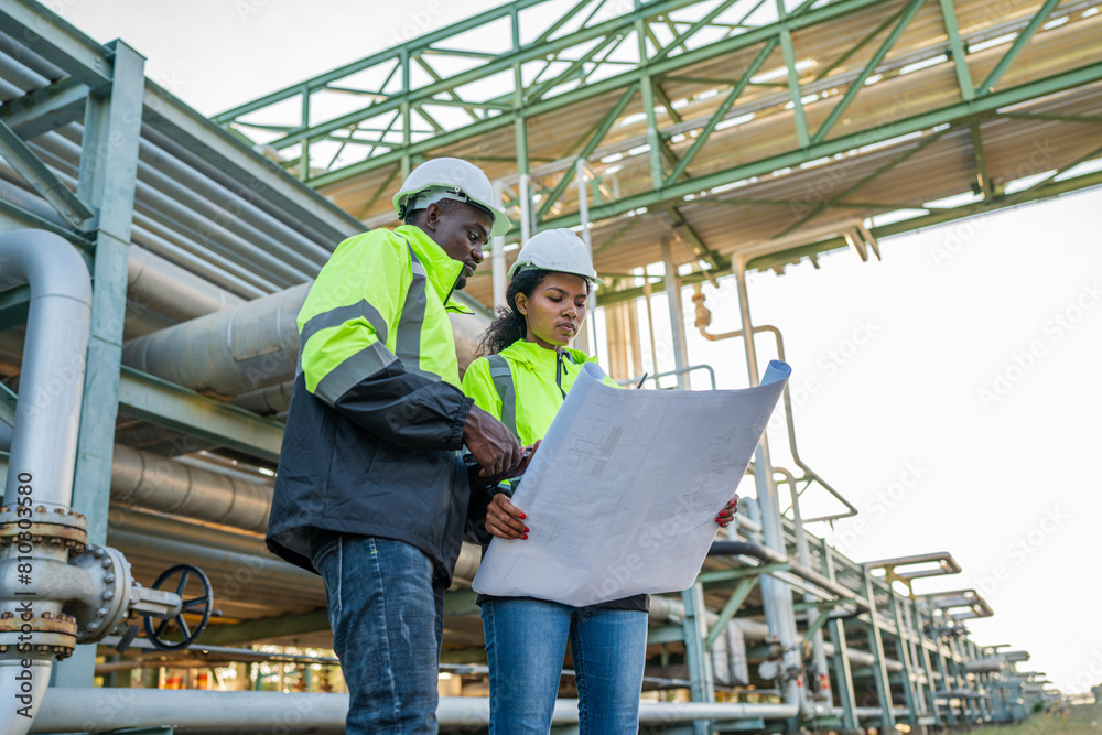 Young mechanical engineer holding blueprint drawing to checking and ...