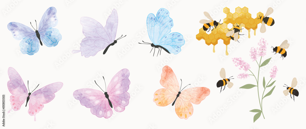 Set of insects garden elements vector. Collection of dragonfly, bee ...
