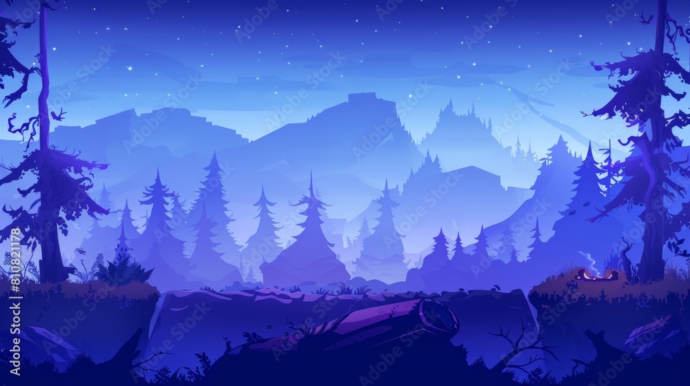 2D cartoon landscape, parallax background game platform, dark forest ...